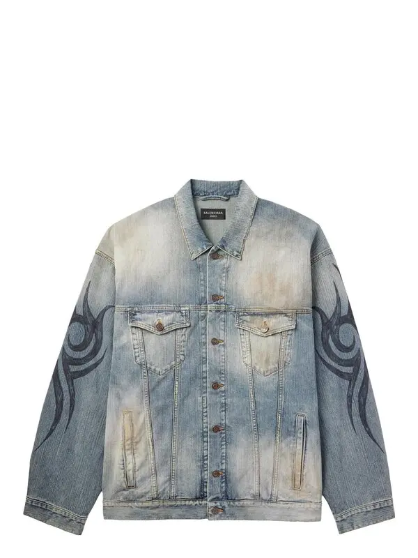 Balenciaga Oversized Distressed Printed Denim Jacket - Blue