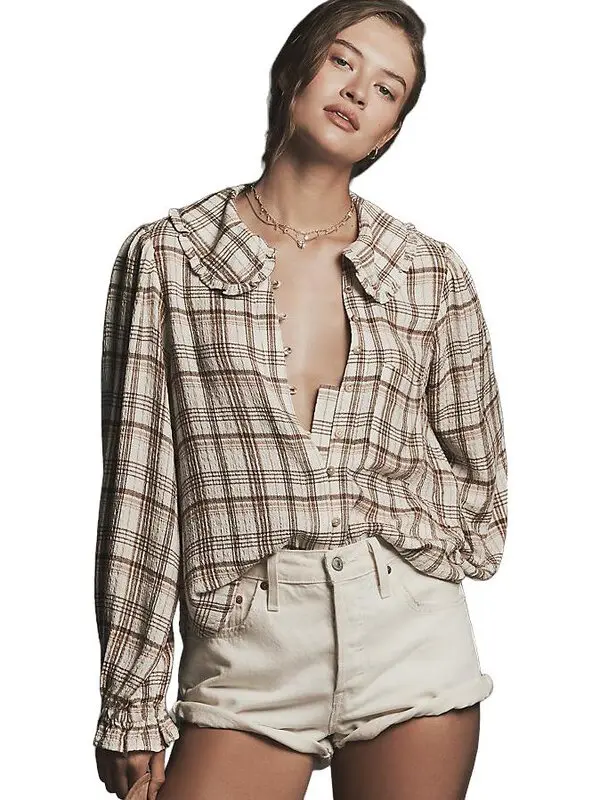 PILCRO Keira Long-sleeve Plaid Blouse - Modern Sport Plaid Brown
