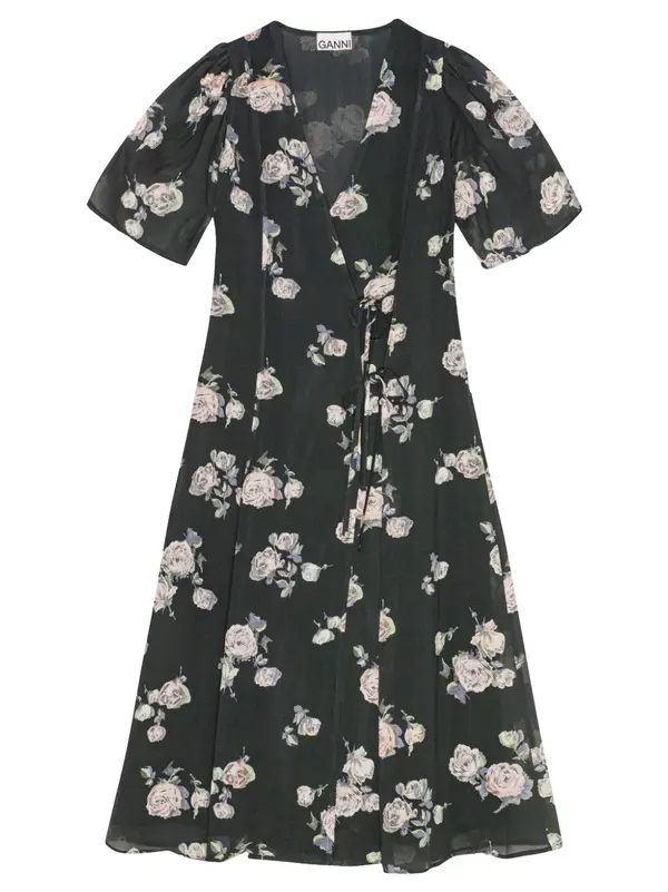 GANNI Floral-print Crepe Wrap Midi Dress - Black