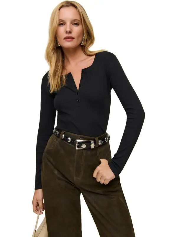 REFORMATION Long Sleeve Henley T-shirt - Black