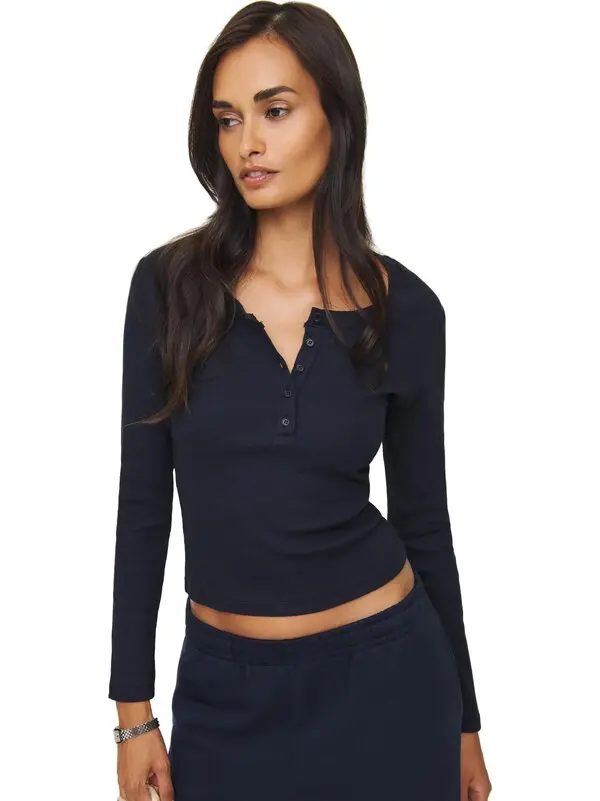 REFORMATION Long Sleeve Henley T-shirt - Blue