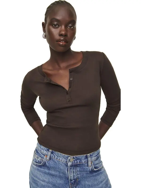REFORMATION Long Sleeve Henley T-shirt - Brown