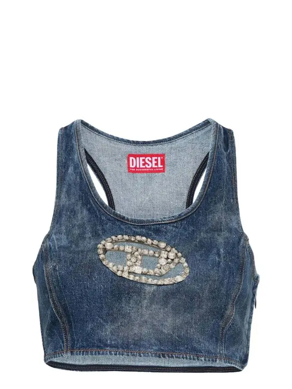 DIESEL Denim Crystal Logo Cropped Top - Blue