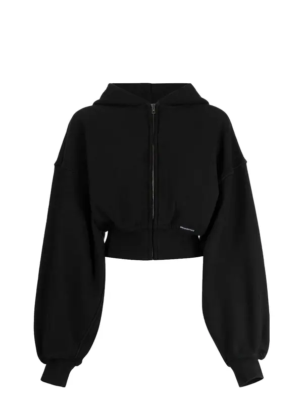 Alexander Wang Branded Seam Label Cropped Zip Up Hoodie - Faded Black