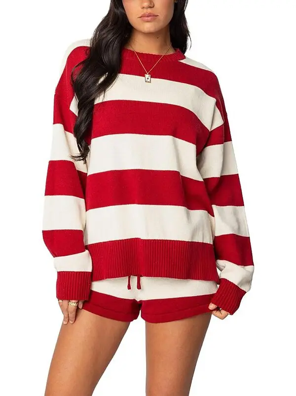 EDIKTED Riley Oversized Knit Sweater - Burgundy And Cream