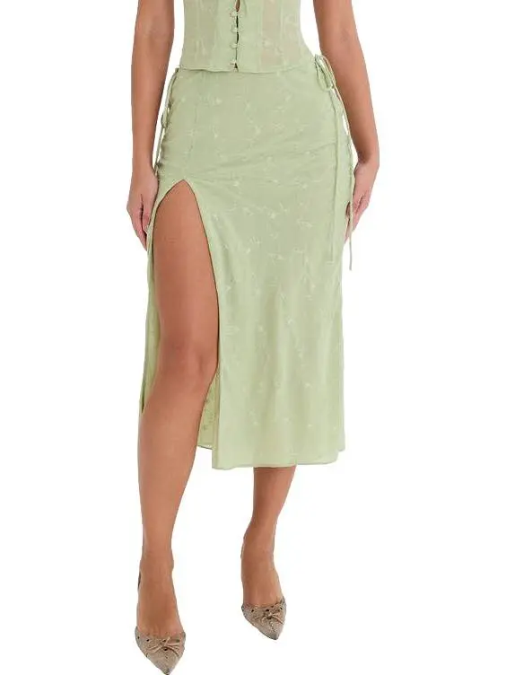 MISTRESS ROCKS Embroidered Thigh Split Midi Skirt - Pear