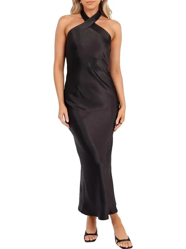 PETAL & PUP Grasie Halter Satin Maxi Dress - Black
