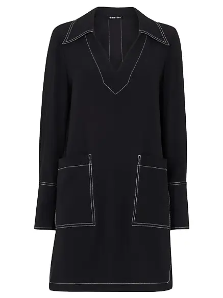 Whistles Contrast-stitch Oversized-collar Woven Mini Dress - Black