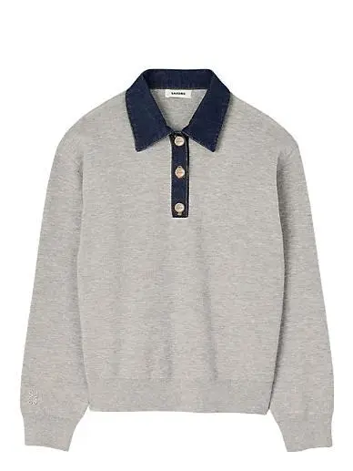 Sandro Knitted Jumper With Denim Polo Collar - Grey