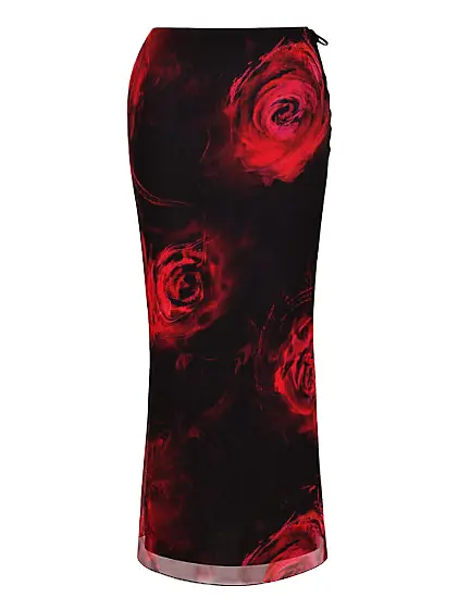 MISTRESS ROCKS Floral-print Mesh Midi Skirt - Black Rose Print