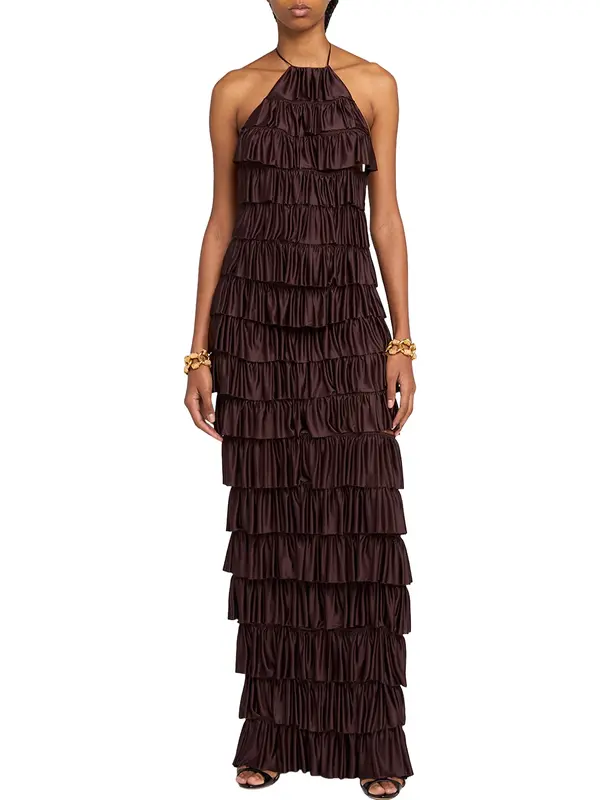 TOM FORD Tiered Ruffle Halter Gown - Dark Brown
