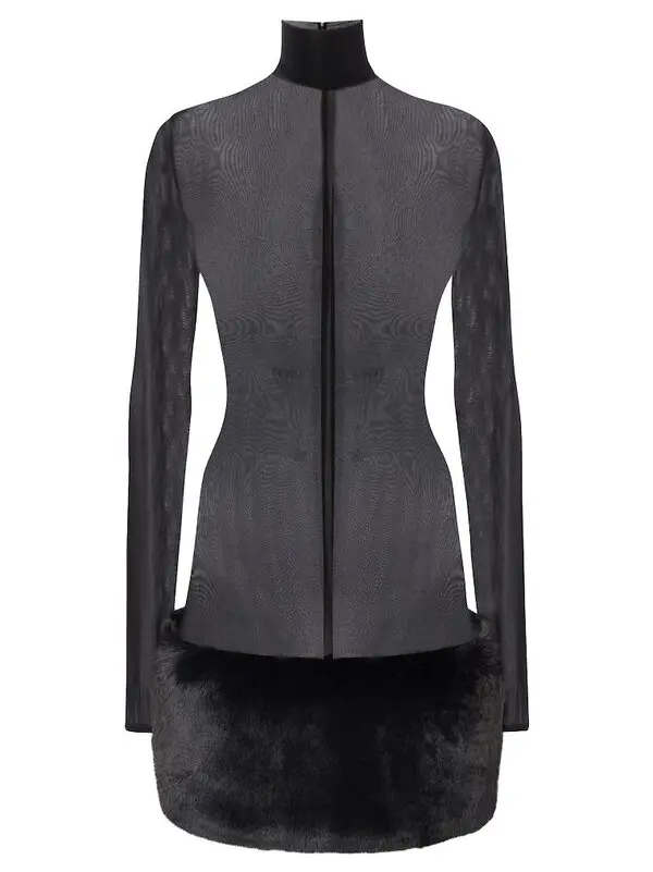 Magda Butrym Sheer Faux Fur-trimmed Minidress - Black