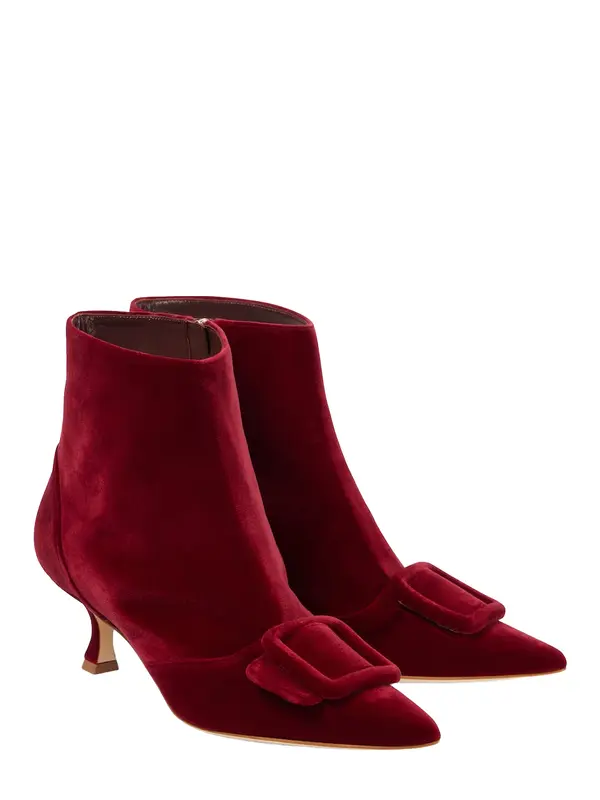 Manolo Blahnik Baylow Velvet Ankle Boots - Burgundy