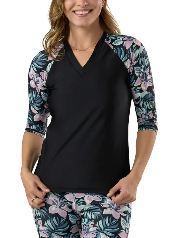 UV SKINZ V-neck Sun & Swim Shirt - Black Bloom