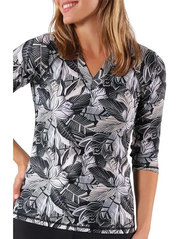 UV SKINZ V-neck Sun & Swim Shirt - Woodblock Tropics