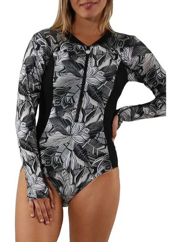 UV SKINZ Long Sleeve Half Zip Swimsuit - Woodblock Tropics