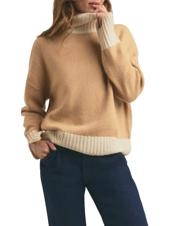 FAVORITE DAUGHTER Andi Contrast Ribbed Turtleneck Sweater - Beige/ Ivory