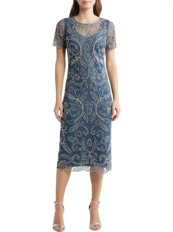 Pisarro Nights Embellished Illusion Neck Cocktail Dress - Grey