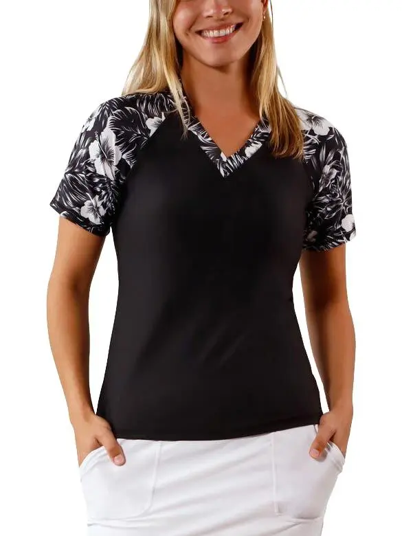 UV SKINZ Short Sleeve V-neck Sun & Swim Shirt - Black Paradise