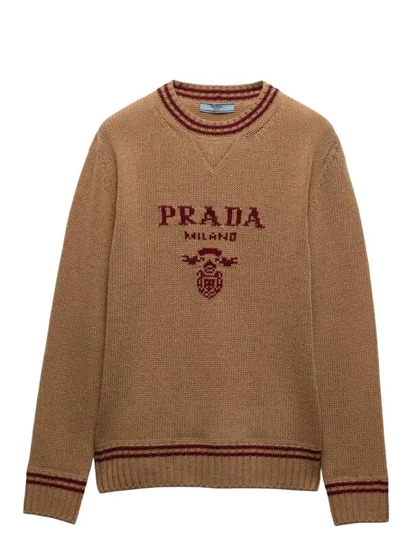 Prada Wool And Cashmere Crew-neck Sweater With Intarsia Logo - Brown
