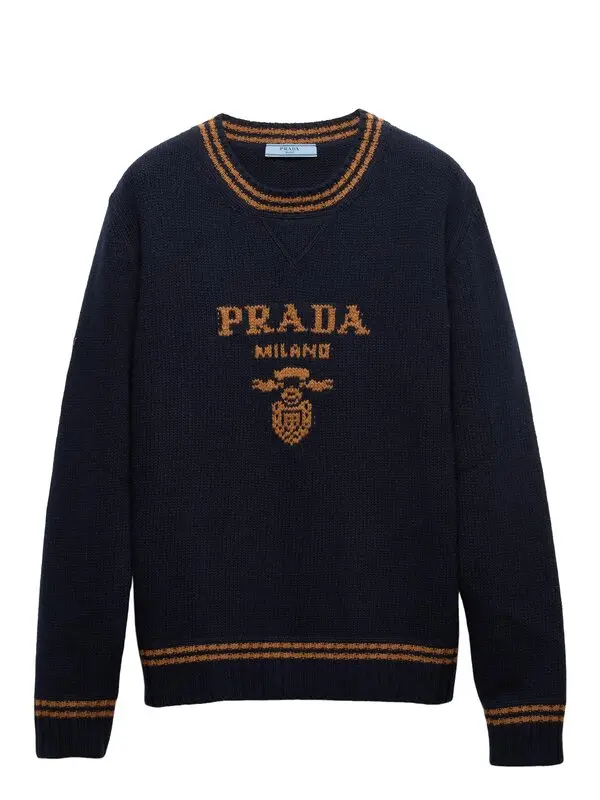 Prada Wool And Cashmere Crew-neck Sweater With Intarsia Logo - Blue
