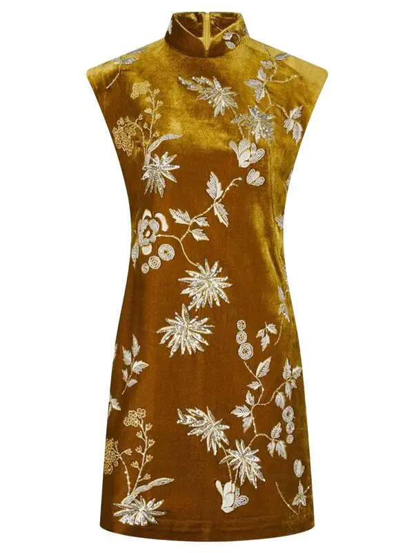 Shanghai Tang Beaded Velvet Qipao Dress - Brown
