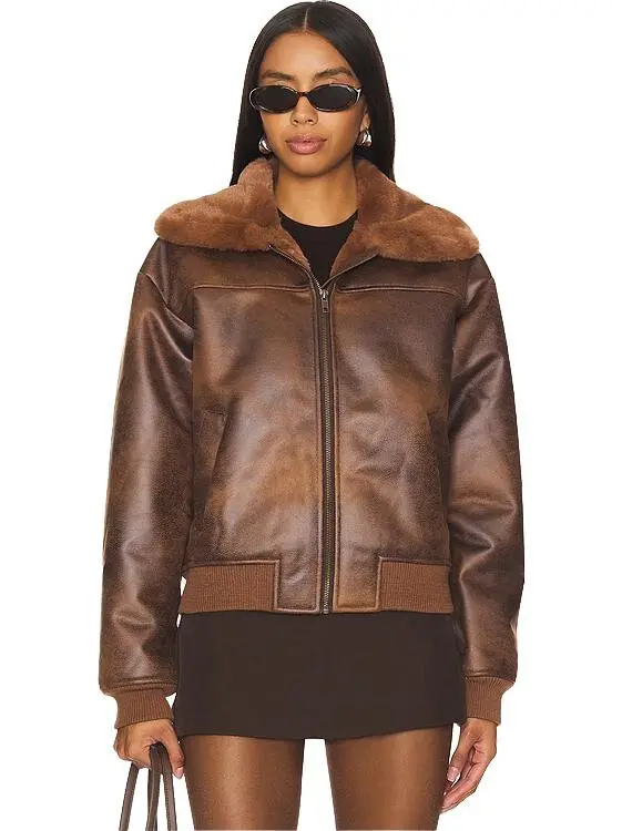Tularosa Faux Leather Bomber Jacket With Faux Fur Collar - Brown