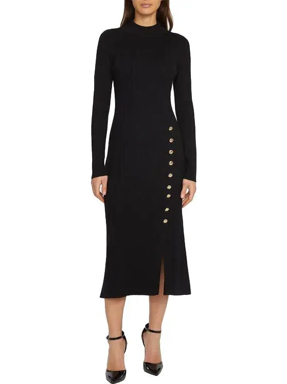 Elie Tahari The Chaya Button Detail Long Sleeve Sweater Dress - Noir