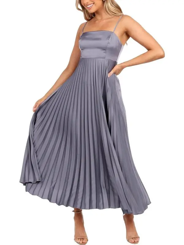PETAL & PUP Keegan Pleated Satin Dress - Steel Gray