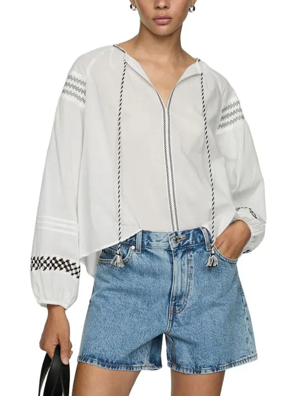 Mango Embroidered Cotton Peasant Top - White