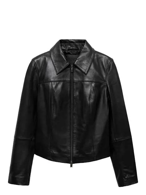 Mango Leather Zip Jacket - Black