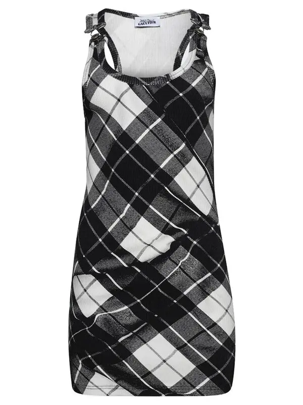 Jean Paul Gaultier Ribbed Cotton Tank Top Mini Dress - Black And White Tartan