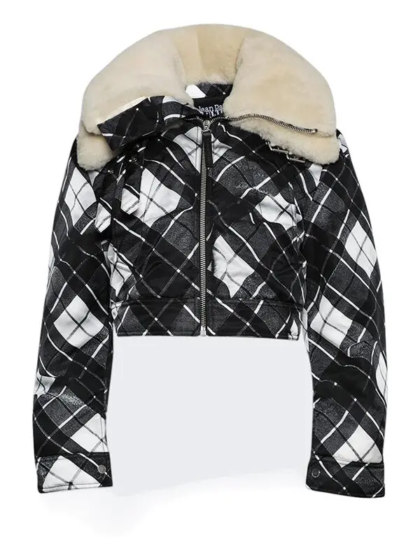 JEAN PAUL GAULTIER Heavy Nylon Aviator Coat With Double Shearling Collar - Distorted Tartan