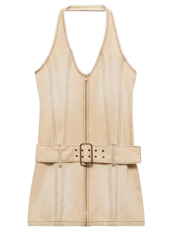 Mango Belted Halter Denim Mini Dress - Sand