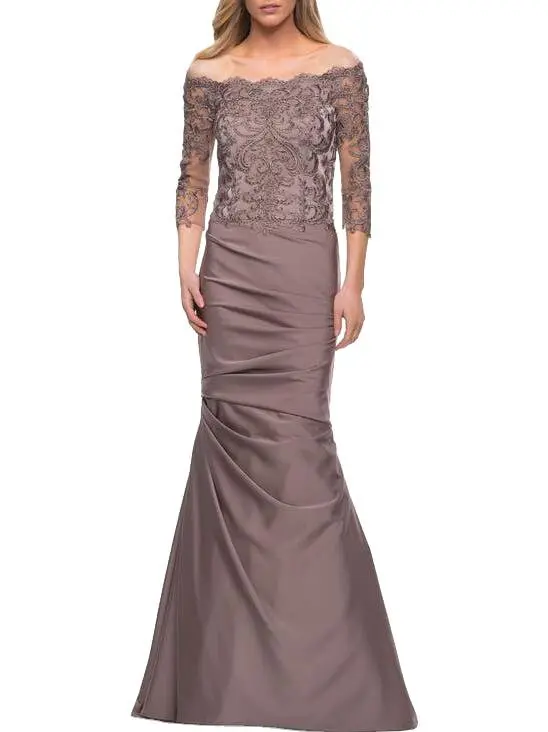La Femme Satin Mermaid Gown With Lace Bodice - Cocoa