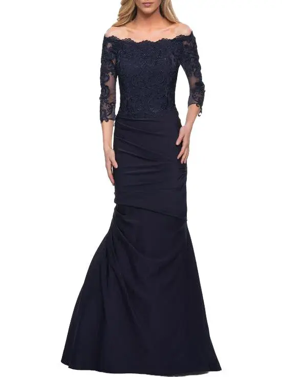 La Femme Satin Mermaid Gown With Lace Bodice - Navy