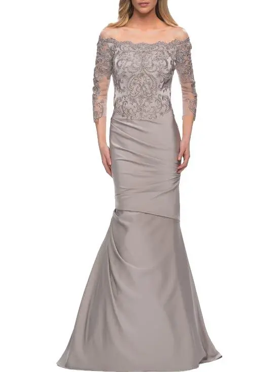 La Femme Satin Mermaid Gown With Lace Bodice - Silver