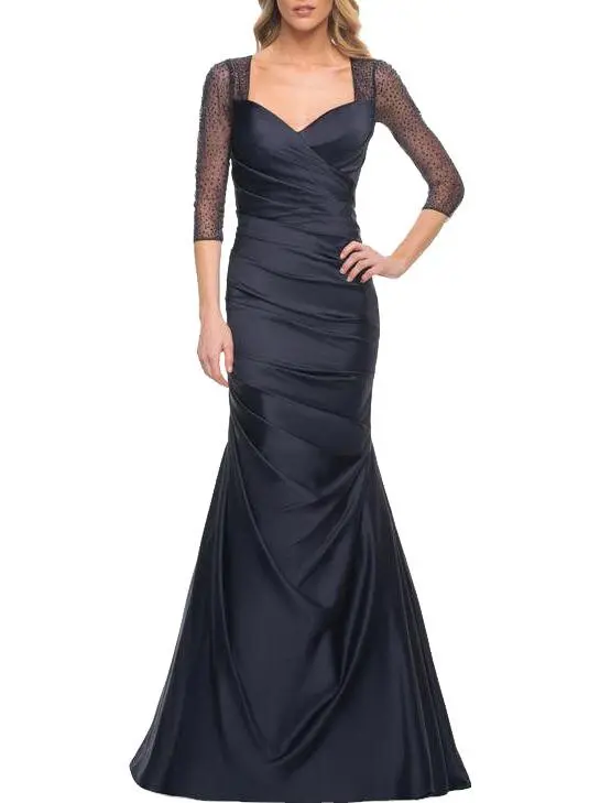La Femme Mermaid Satin Pleated Gown With Illusion Beaded Sleeves - Navy