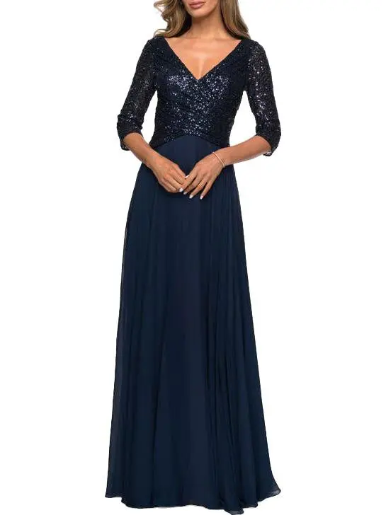 La Femme Long Chiffon Evening Gown With Sequined Bodice - Navy