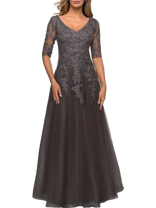 La Femme Long A-line Dress With Lace Bodice - Gunmetal
