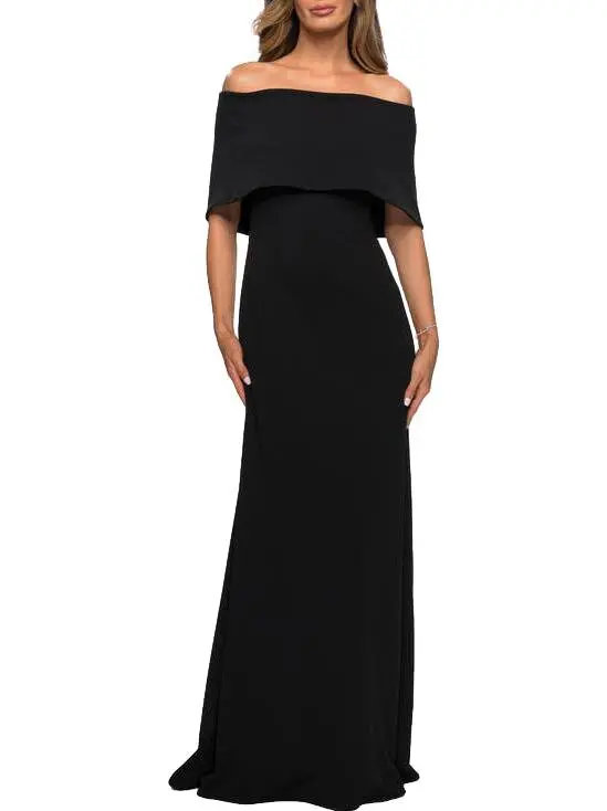 La Femme Off-the-shoulder Jersey Gown - Black