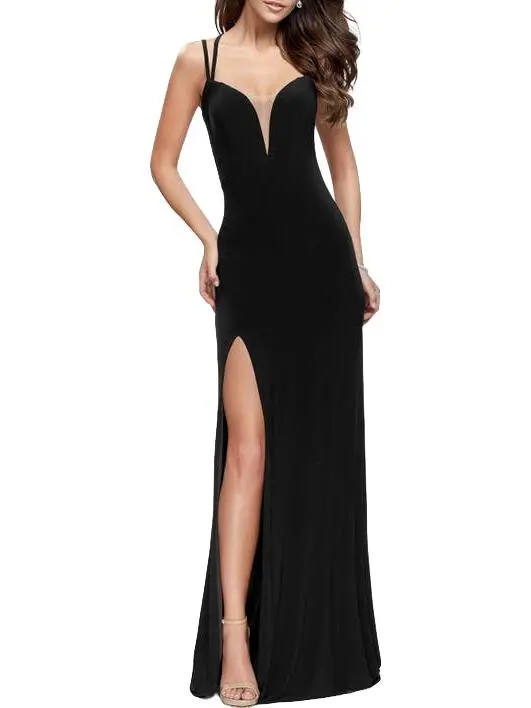 La Femme Long Column Gown With Slit - Black