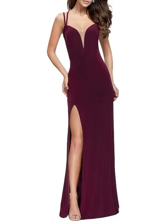 LABOMME Long Column Gown With Slit - Dark Berry