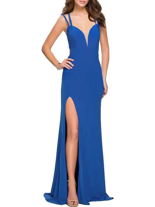 LABOMME Long Column Gown With Slit - Sapphire Blue