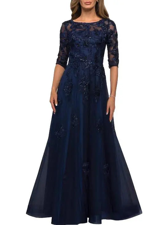 La Femme A-line Gown With Floral Embellishments - Navy