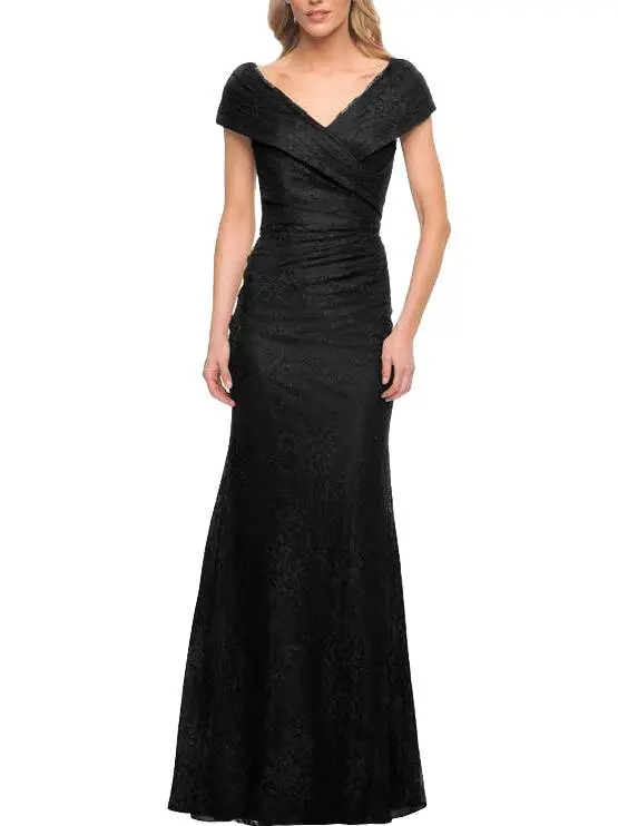 La Femme Lace Off The Shoulder Evening Gown - Black