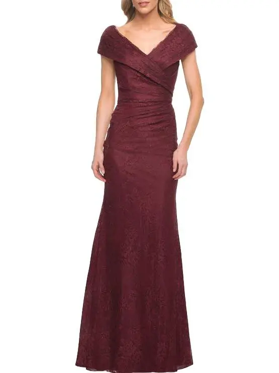 LABOMME Lace Off The Shoulder Evening Gown - Burgundy