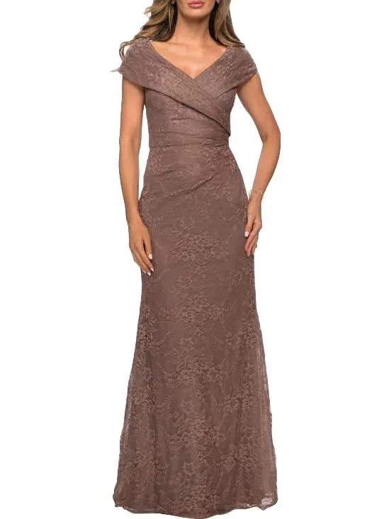 La Femme Lace Off The Shoulder Evening Gown - Cocoa