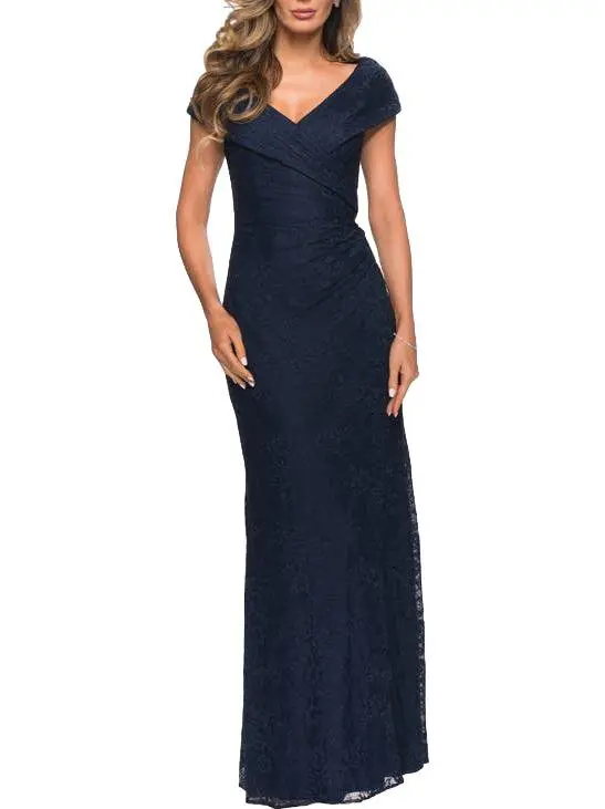 La Femme Lace Off The Shoulder Evening Gown - Navy