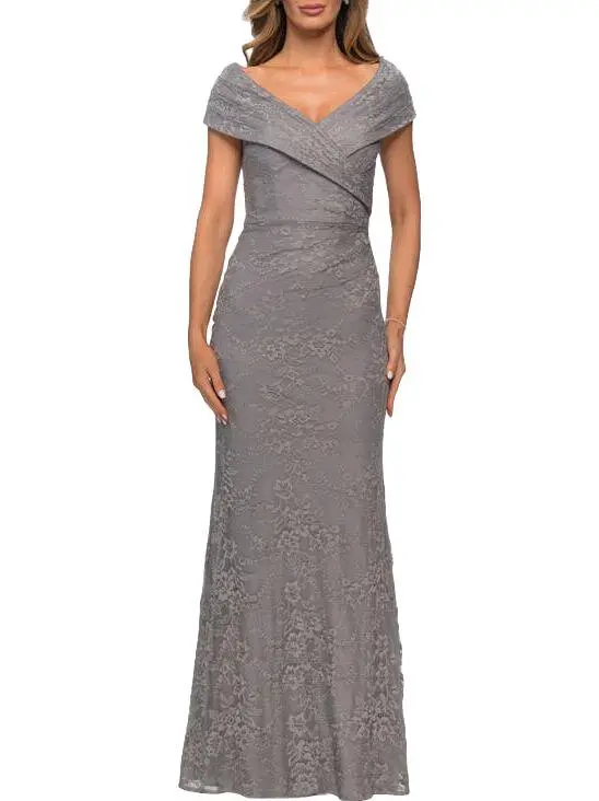 LABOMME Lace Off The Shoulder Evening Gown - Platinum